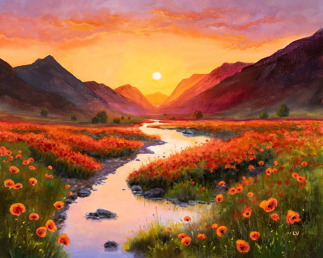 Golden Hour Landscape Art, Dusk Reflecions Water, Red Flowers Oil ...