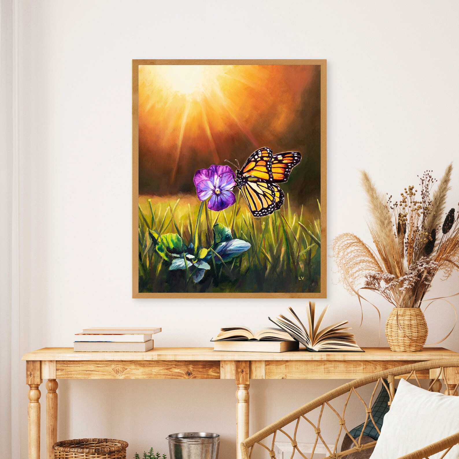 ORIGINAL Monarch Butterfly Oil Painting, Violet Flower and Butterfly ...