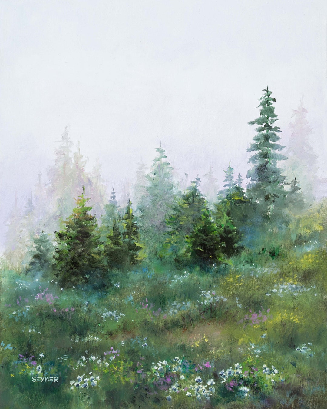 Foggy Trees Painting ORIGINAL, Misty Green Landscape Fir Trees Fog ...