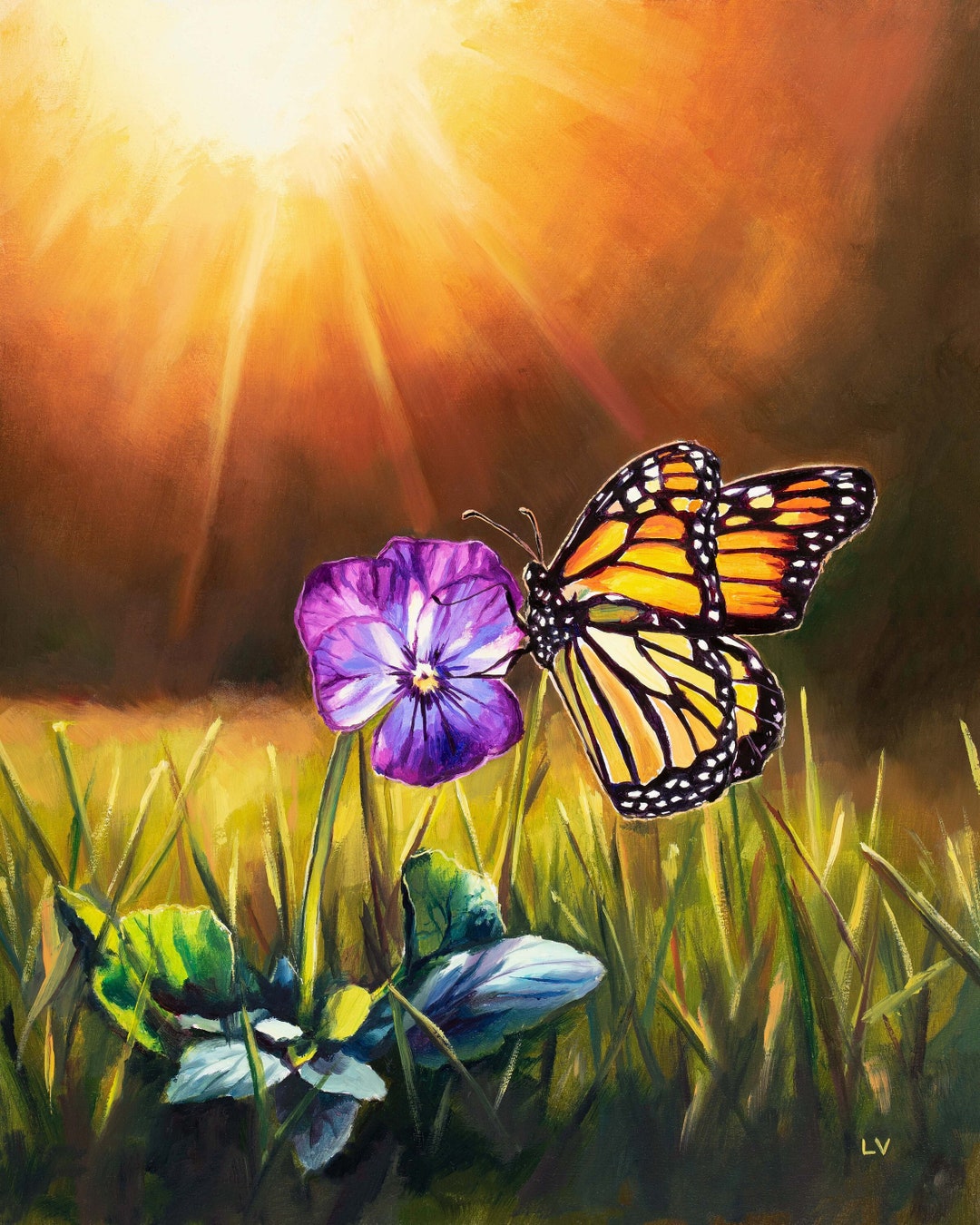 ORIGINAL Monarch Butterfly Oil Painting, Violet Flower and Butterfly ...