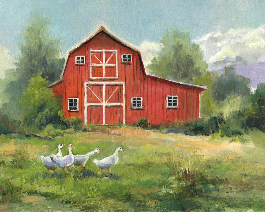 Red Barn ORIGINAL Painting, Farm Goose Landscape Wall Art, Old Barn in ...