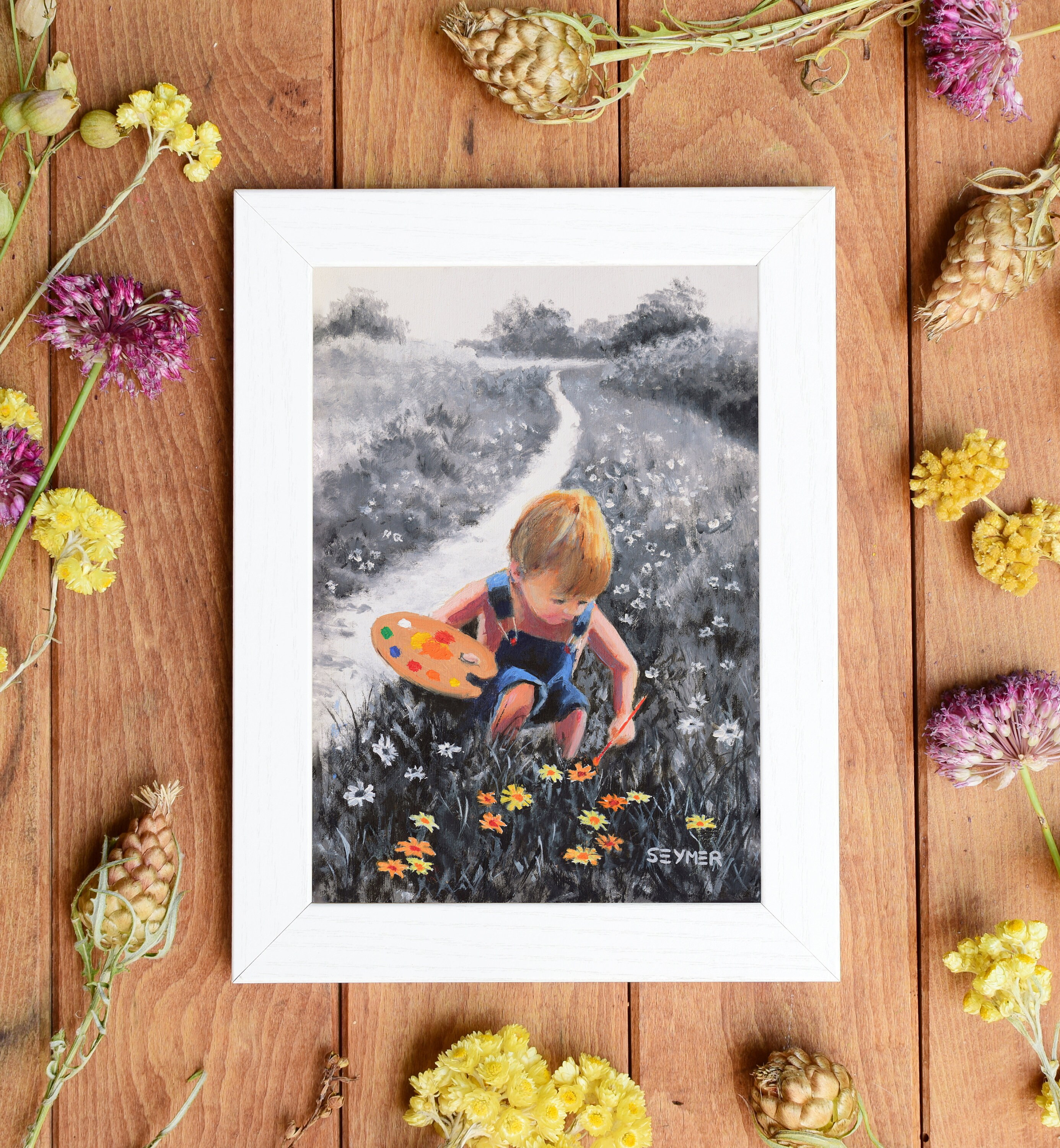 Happy Child Painting Child in Field of Flowers Art Vintage - Etsy UK