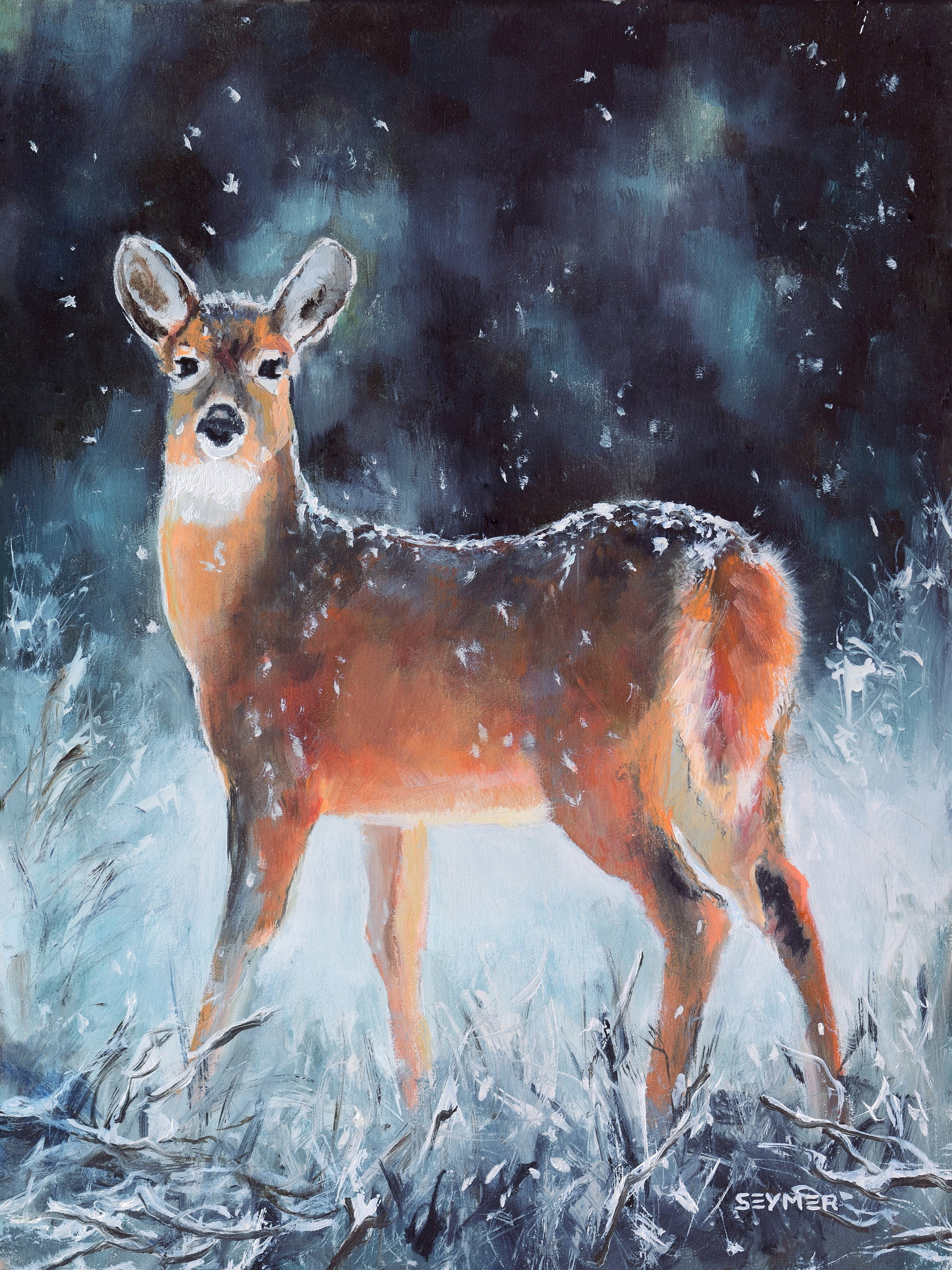 森の動物の油絵オリジナル、雪景色の鹿の絵、アート湖の家の装飾 森の動物の油絵オリジナル、雪景色の鹿の絵、アート湖の家の装飾