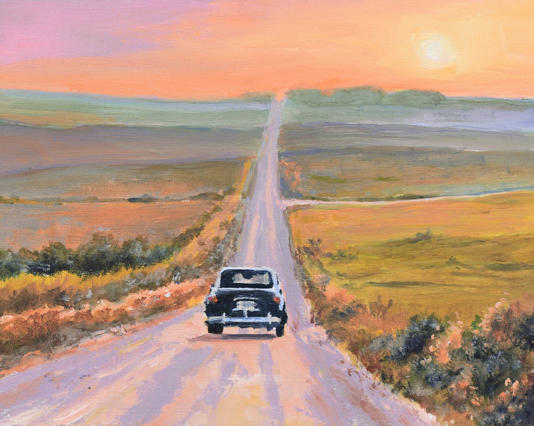 Road Car ORIGINAL Oil Painting, Car in Sunset Landscape, Road Field ...