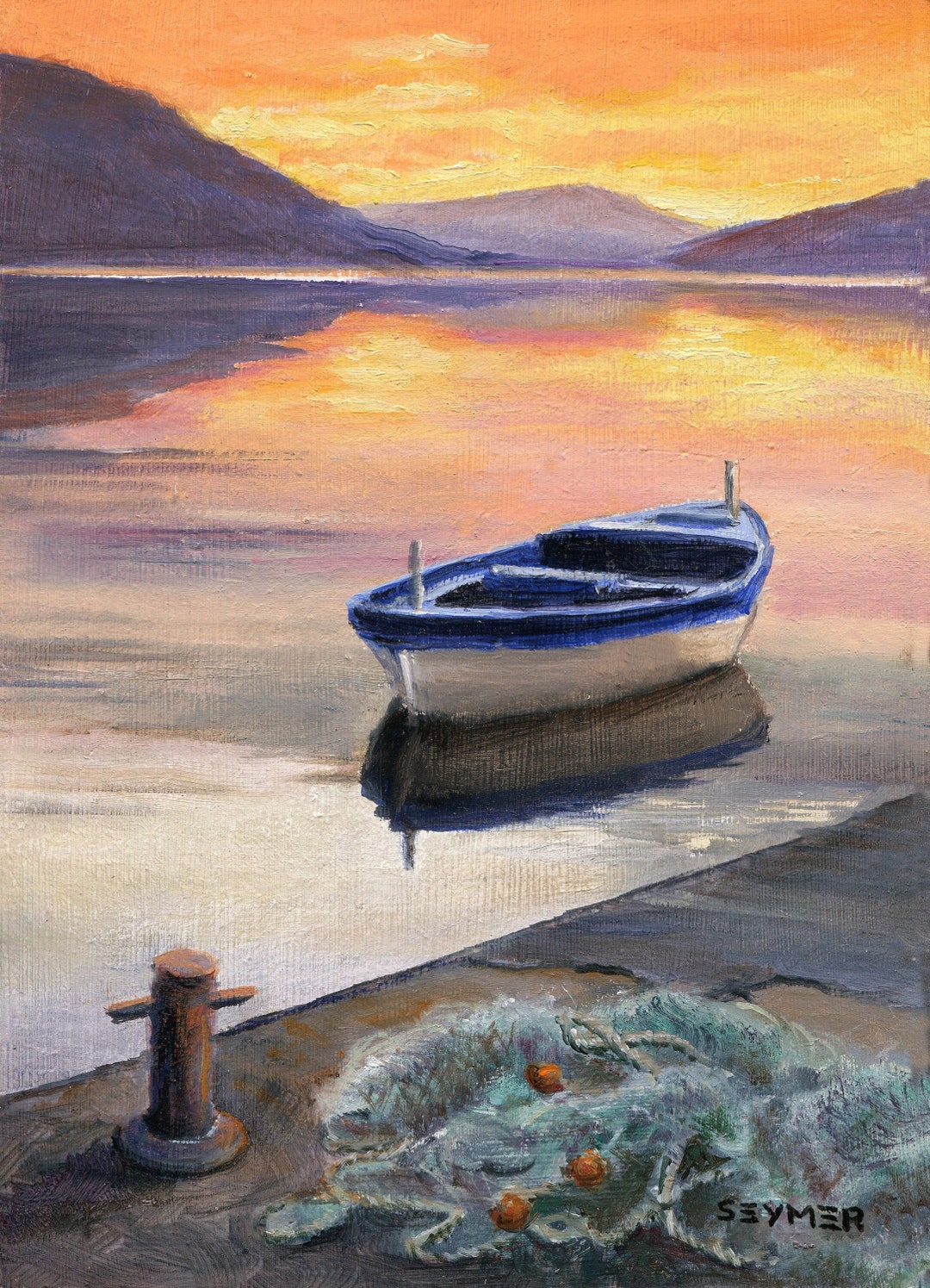 Boat Dock ORIGINAL Painting, Fishing Boat Landscape, Dock Sunset ...