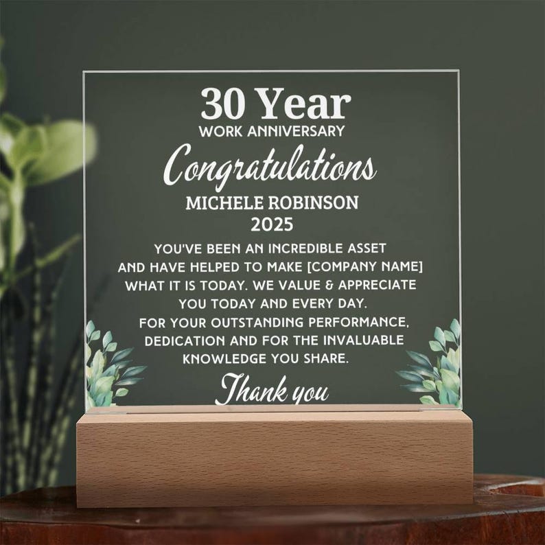 30 Years of Service Work Anniversary, Personalized Acrylic Plaque ...