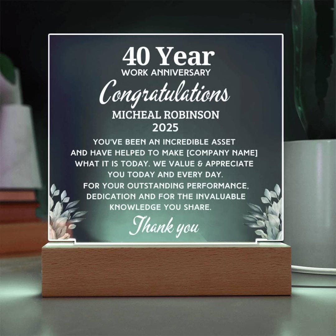 40 Years of Service Work Anniversary, Personalized Acrylic Plaque ...