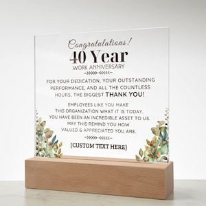 40 Years of Service Work Anniversary, Personalized Acrylic Plaque ...
