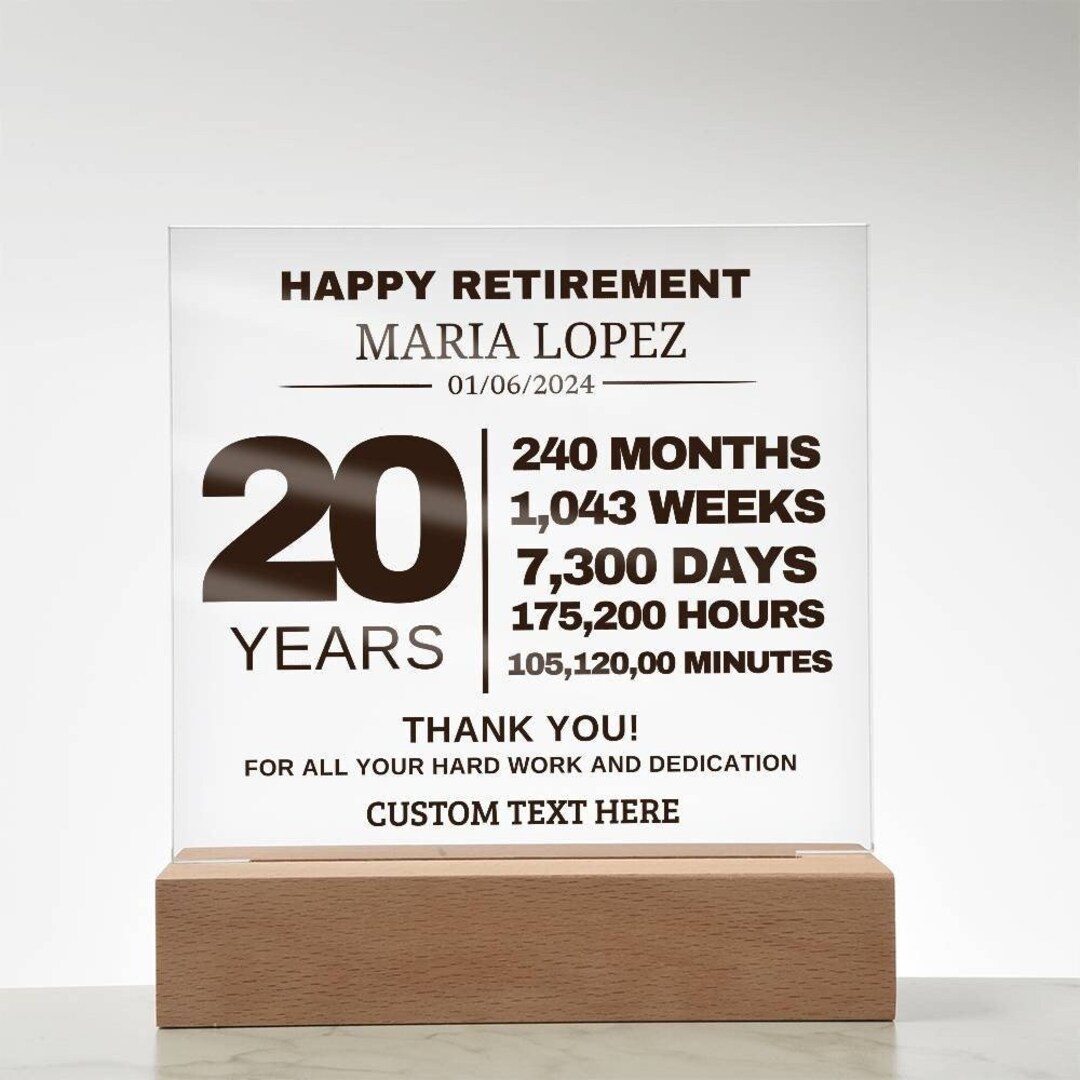 Retirement Plaque for Work Anniversary 20-year Custom Plaque -employee ...