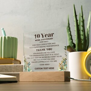 Custom 10 Years Work Anniversary, Acrylic Plaque Appreciation Gift for Employee Recognition ...