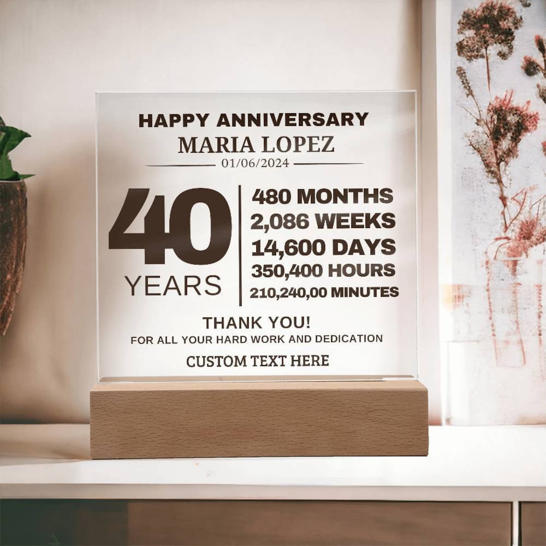 Retirement Gift for 40 Years Work Anniversary Custom Plaque - Employee ...