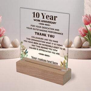 Custom 10 Years Work Anniversary, Acrylic Plaque Appreciation Gift for Employee Recognition ...