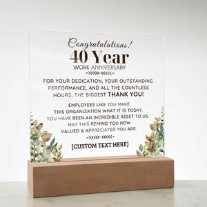 40 Years of Service Work Anniversary, Personalized Acrylic Plaque ...