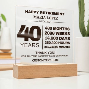 Retirement Gift for 40 Years Work Anniversary Custom Plaque - Employee ...