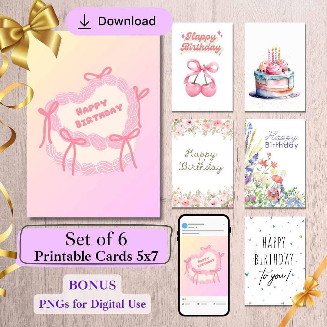 Set of 6 Printable Birthday Card Bundle 5x7 – Includes Bonus Digital ...