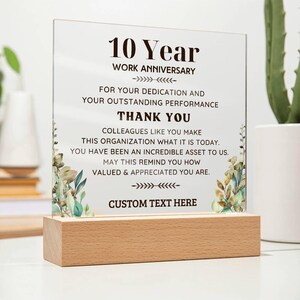 Custom 10 Years Work Anniversary, Acrylic Plaque Appreciation Gift for Employee Recognition ...