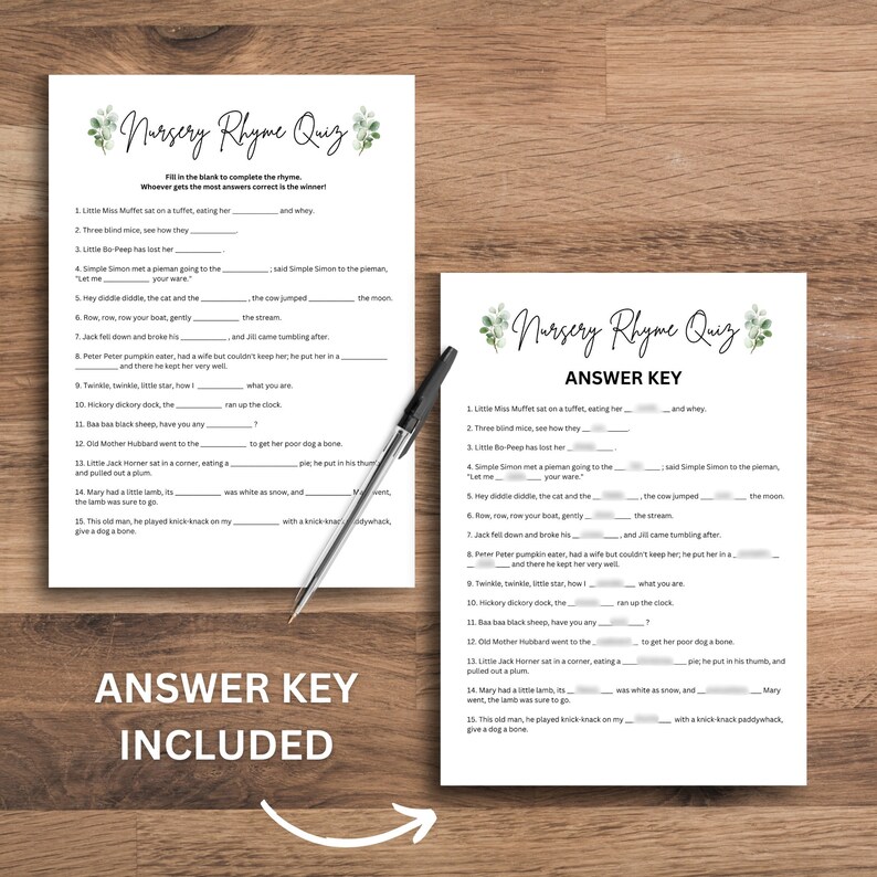 Nursery Rhyme Quiz Three Versions + Answer Keys | Nursery Rhyme Game ...