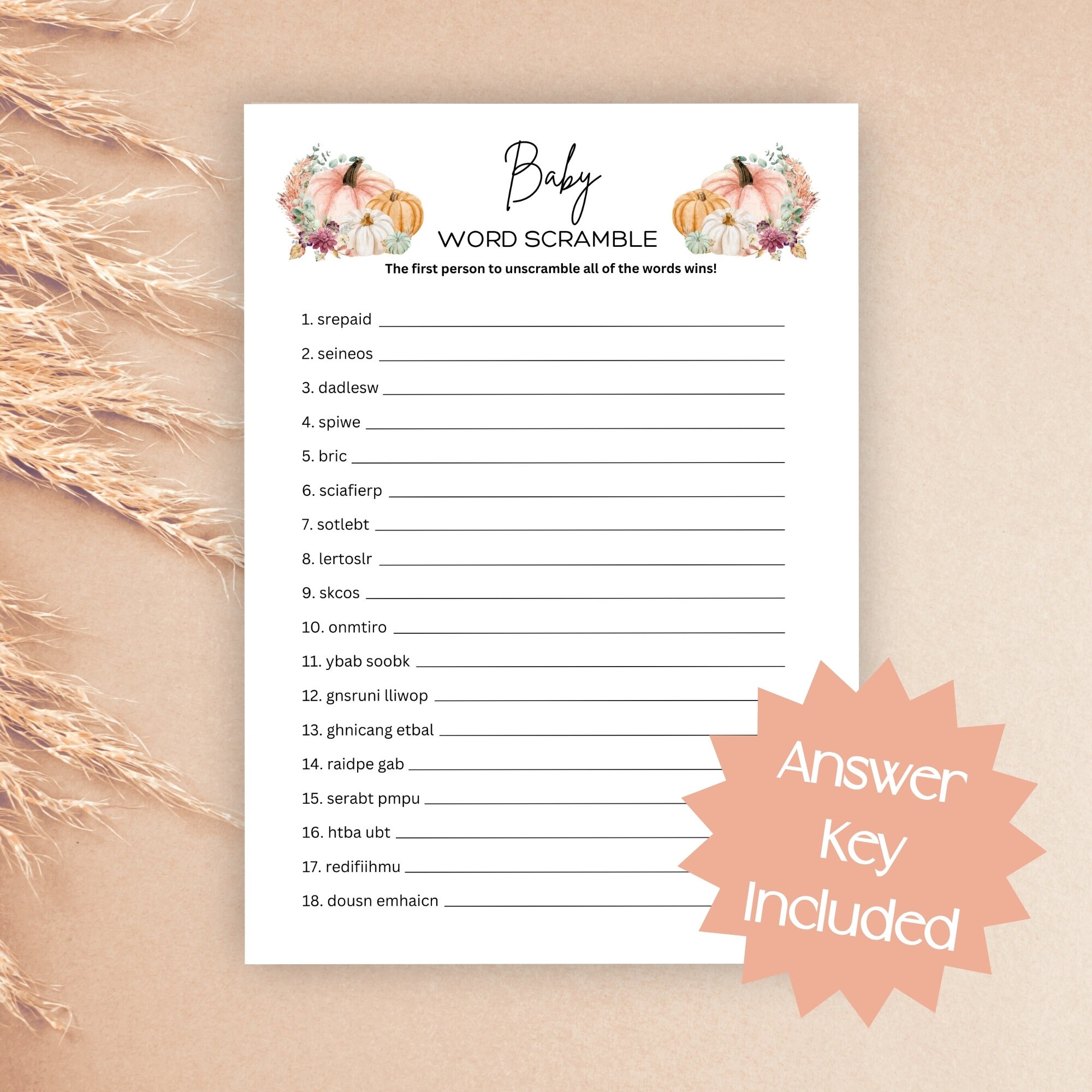 Boho Fall Baby Item Word Scramble | Pumpkin Baby Shower | Little ...