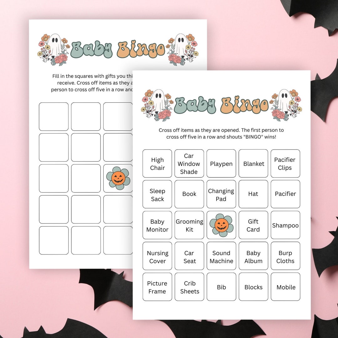 Groovy Ghost Halloween Baby Shower Bingo Cards A Little Boo is Almost ...