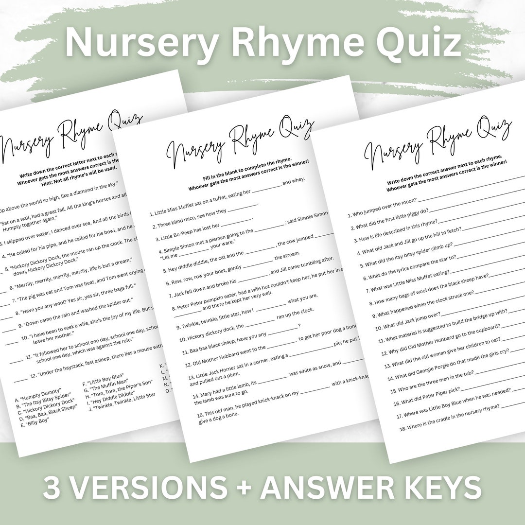 Nursery Rhyme Quiz + Answer Keys | Three Versions of Nursery Rhyme ...