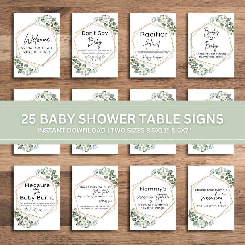 25 Baby Shower Table Sign Bundle | Baby Shower Signage | Eucalyptus ...