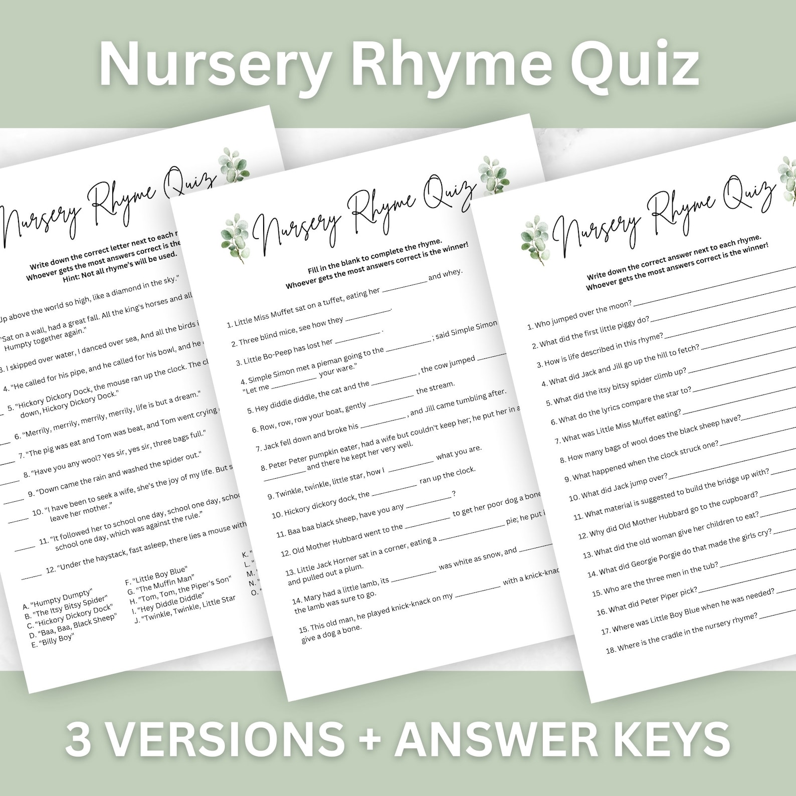 Nursery Rhyme Quiz Three Versions + Answer Keys | Nursery Rhyme Game ...