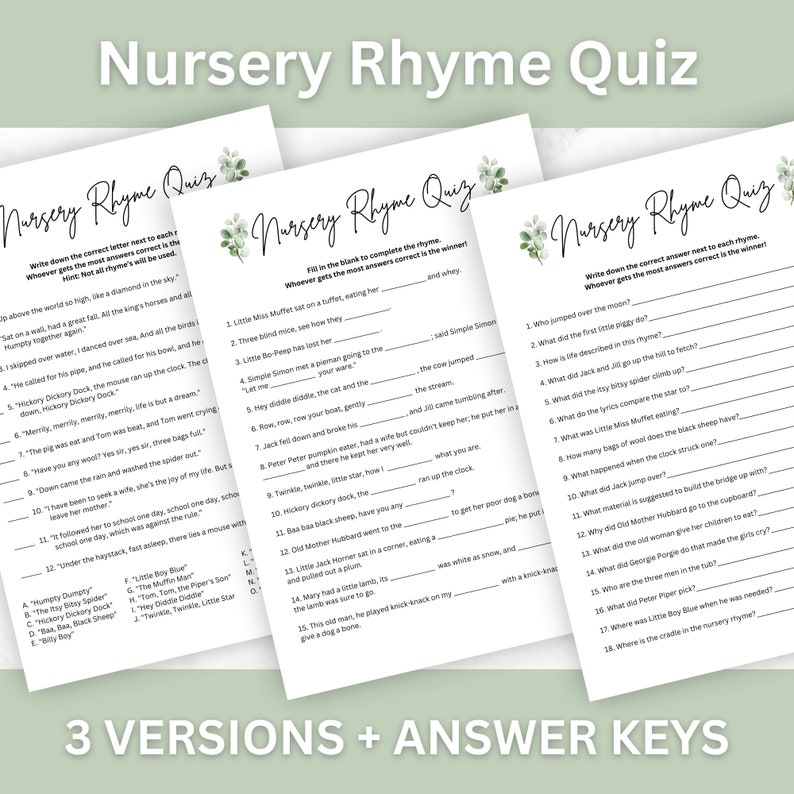 Nursery Rhyme Quiz Three Versions + Answer Keys | Nursery Rhyme Game ...