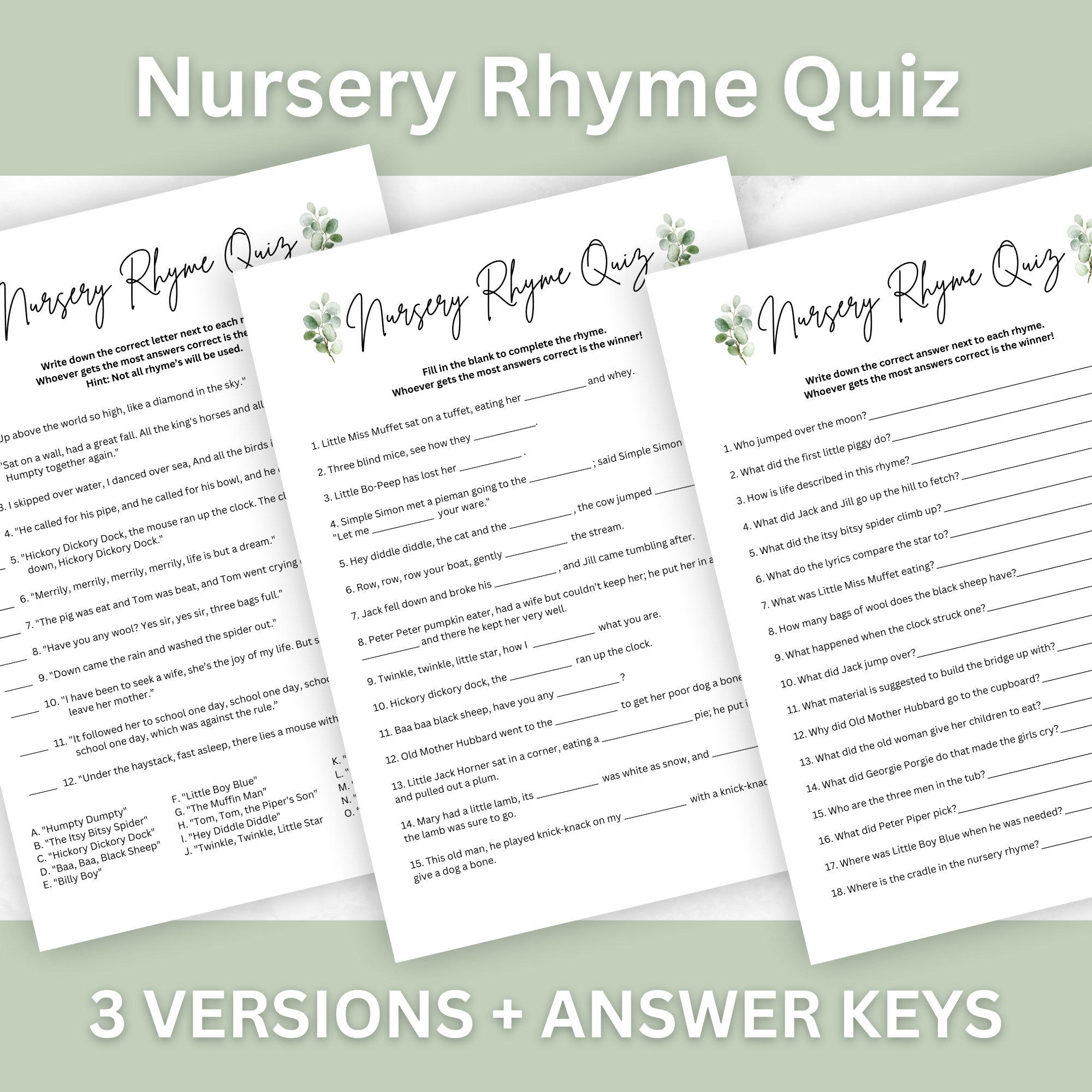 Nursery Rhyme Quiz Three Versions + Answer Keys | Nursery Rhyme Game ...