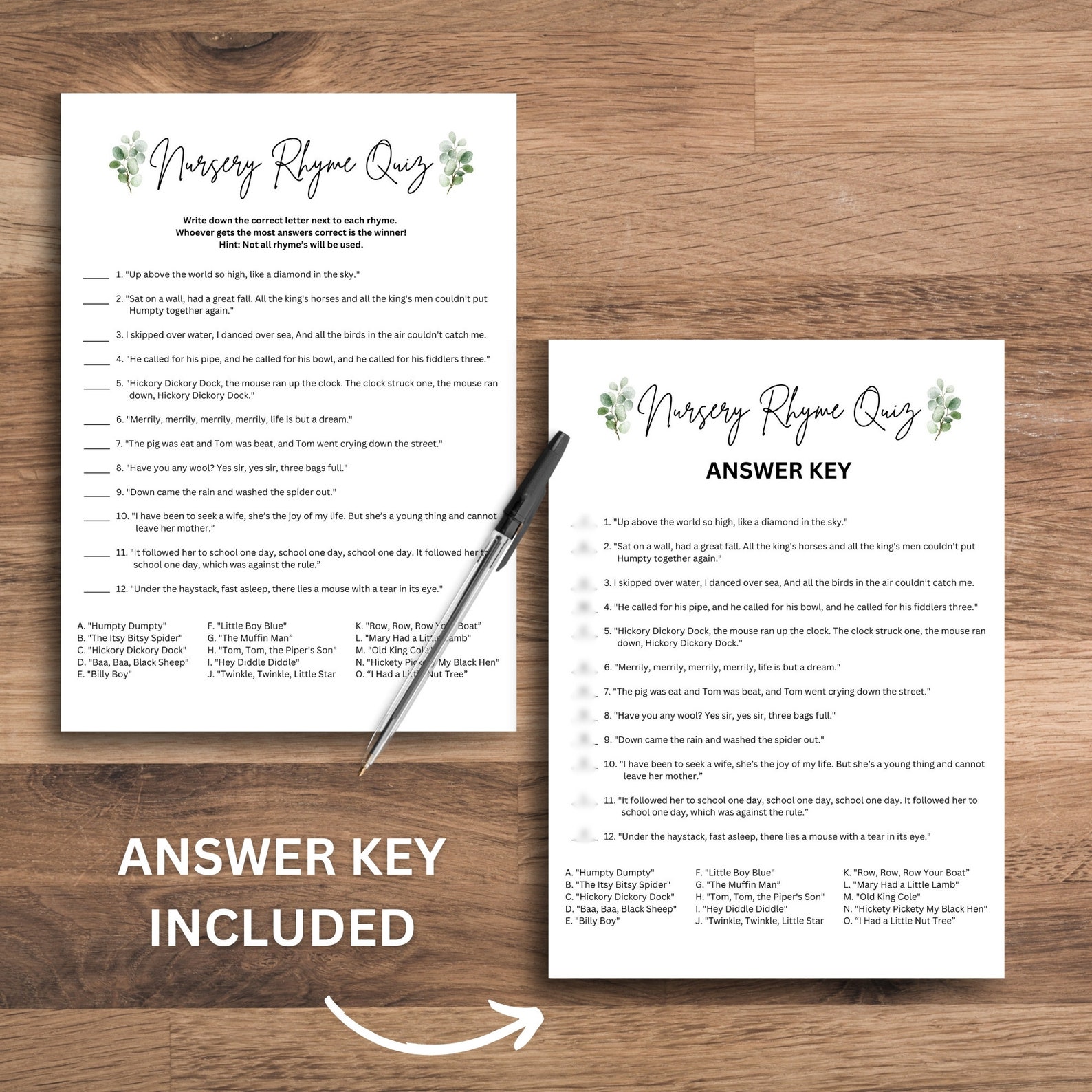 Nursery Rhyme Quiz Three Versions + Answer Keys | Nursery Rhyme Game ...