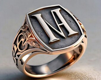 Rectangle Initial Letter Custom Monogram Silver Signet Ring, Personalized Vintage Sterling ...