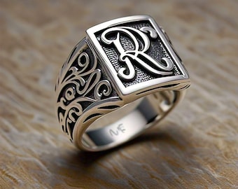 Rectangle Initial Letter Custom Monogram Silver Signet Ring, Personalized Vintage Sterling ...