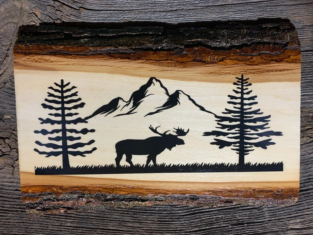 Moose & Mountain Silhouette Rustic Basswood Live Edge Sign - Etsy