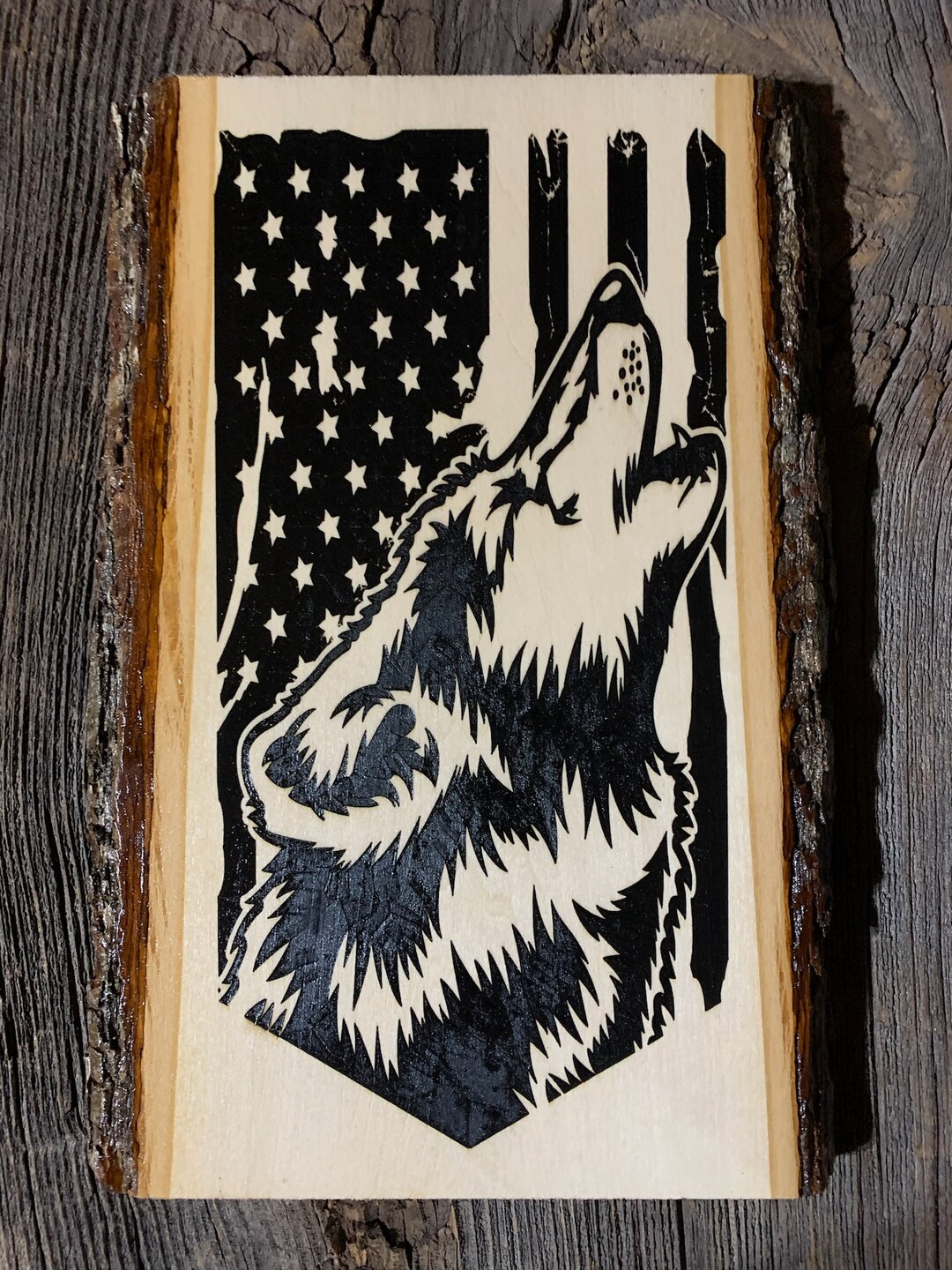 Flag & Howling Wolf Rustic Live Edge Sign - Etsy