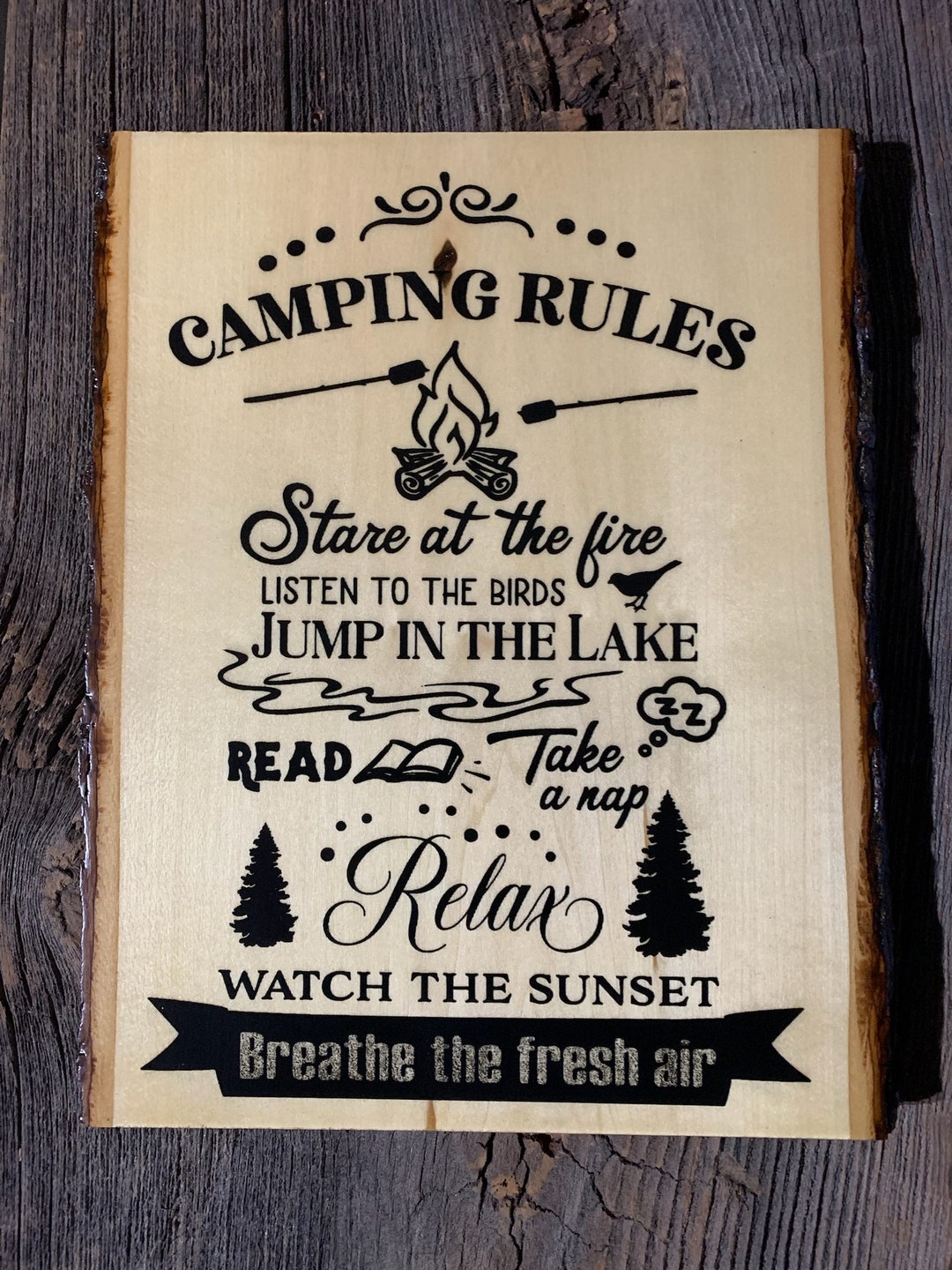 Camping Rules Rustic Live Edge Sign - Etsy