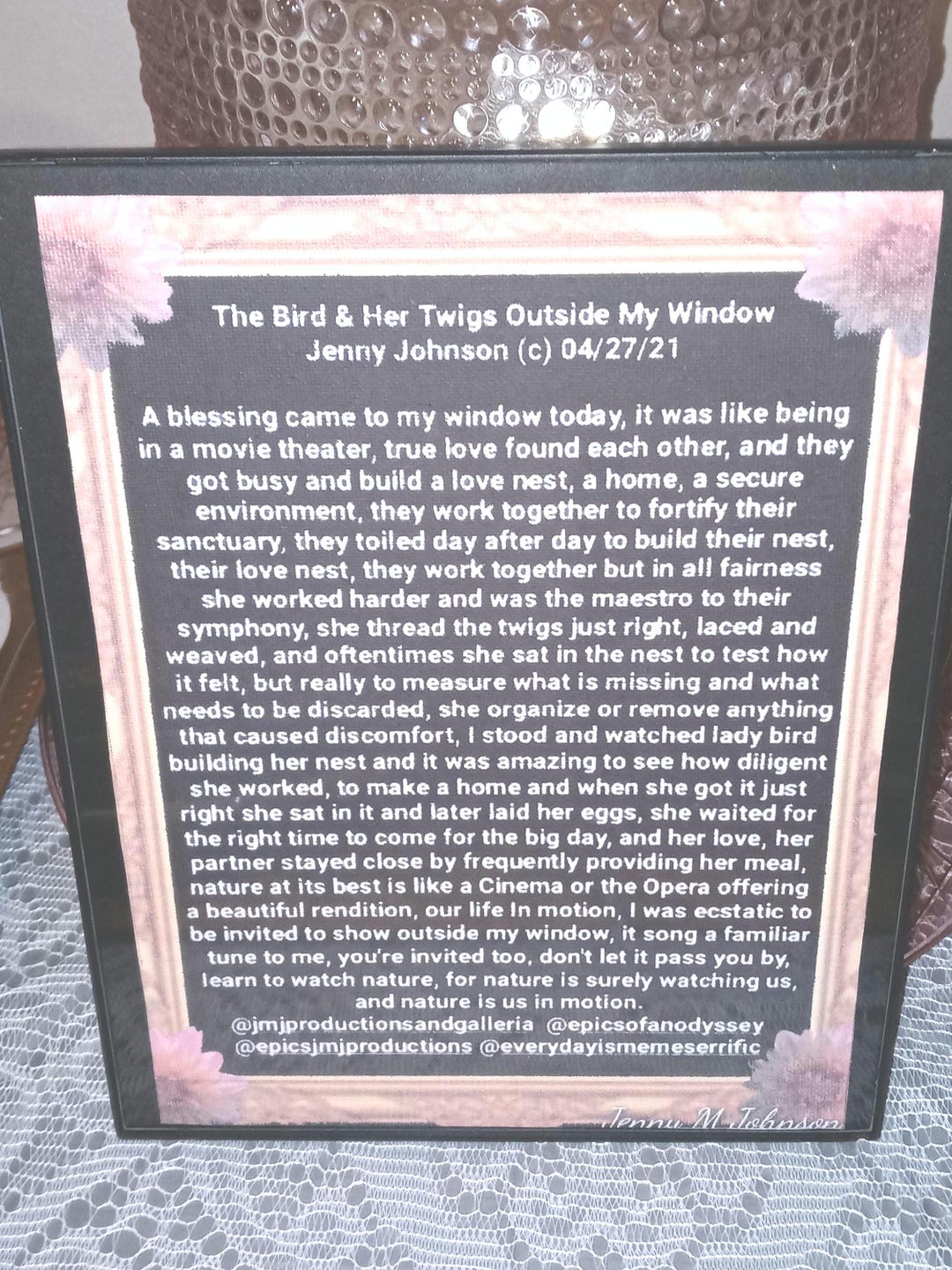POEM - the Bird & Her Twigs Outside My Window by Jenny M Johnson Plaque ...