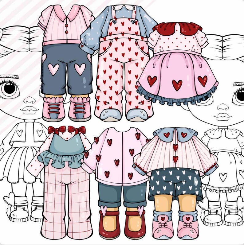 Valentine Paper Doll Set, Coloring Pages, Printable Girls (digital ...