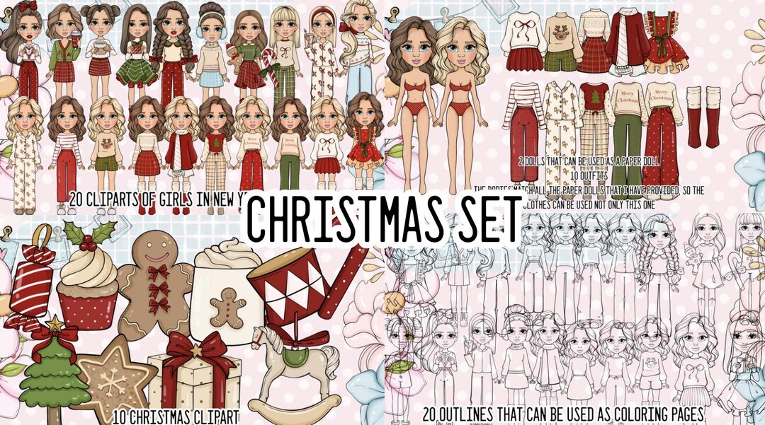 Christmas Paper Doll Set, Girl Illustrations + Coloring Pages ...