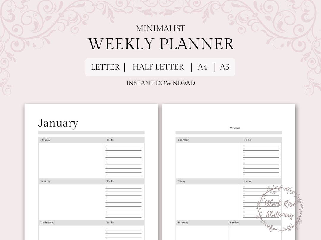 Printable Weekly Planner Pages | Week on 2-pages | Minimalist Weekly ...