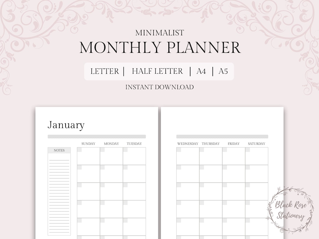 Printable Month on 2-pages Planner | Minimalist Monthly Planner ...