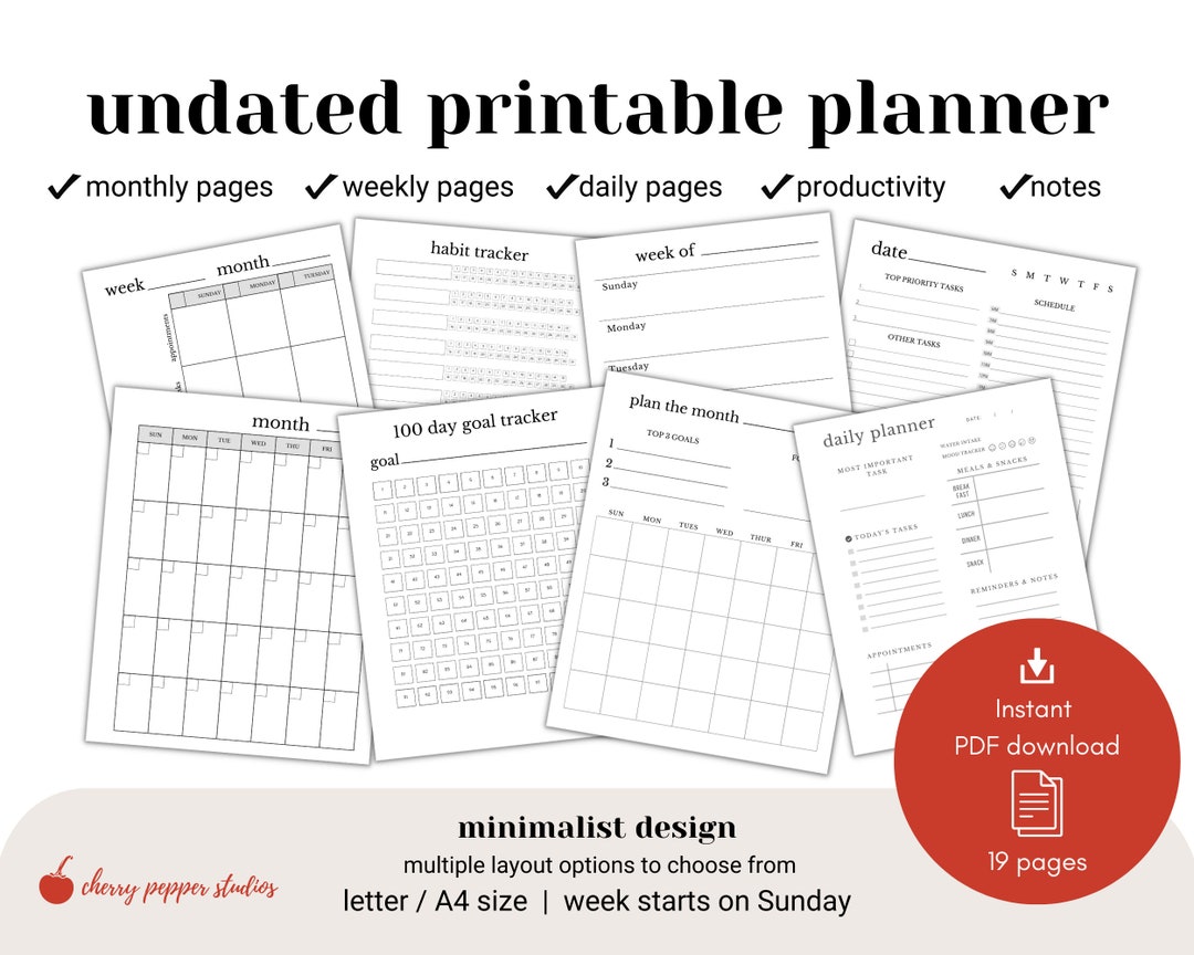 Undated Minimalist Printable Planner Bundle Monthly Planner, Weekly ...
