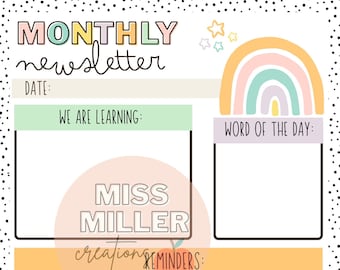 Classroom Newsletter Editable Template for Teacher / Boho Rainbow ...