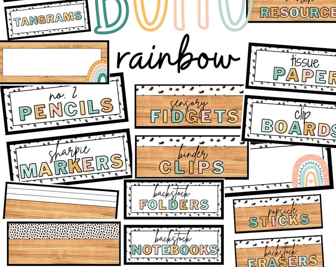 Modern Boho Rainbow Classroom Supplies Labels editable - Etsy