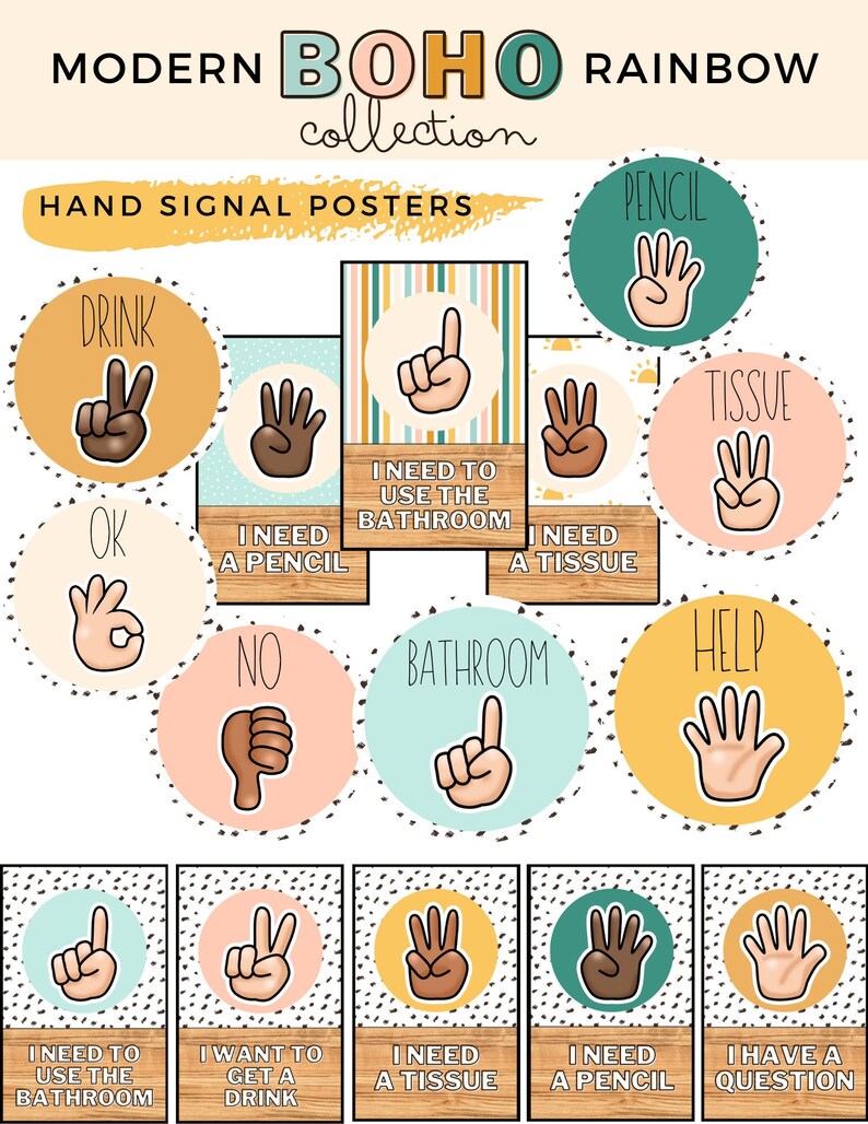 Modern Boho Rainbow Hand Signals Classroom Posters editable - Etsy