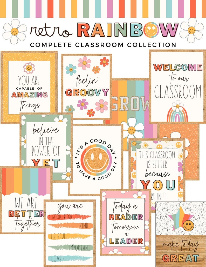 Retro Rainbow Classroom Quote Posters - Etsy