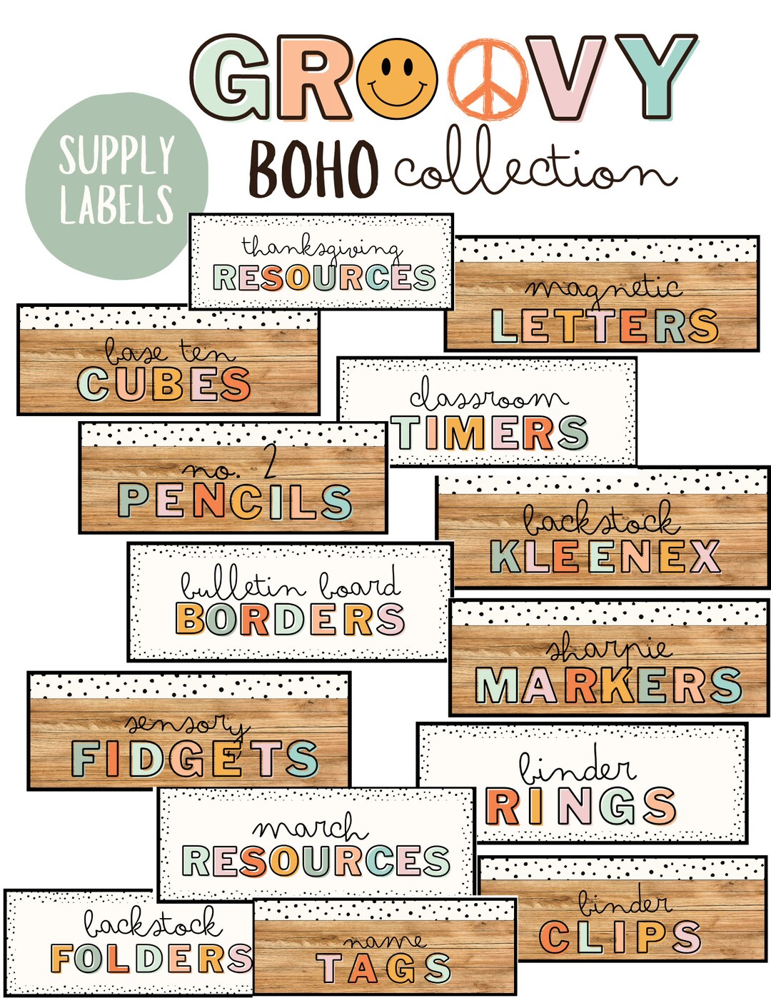 Groovy Boho Classroom Supply Labels - Etsy