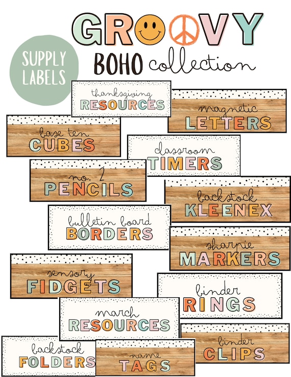 Groovy Boho Classroom Supply Labels - Etsy