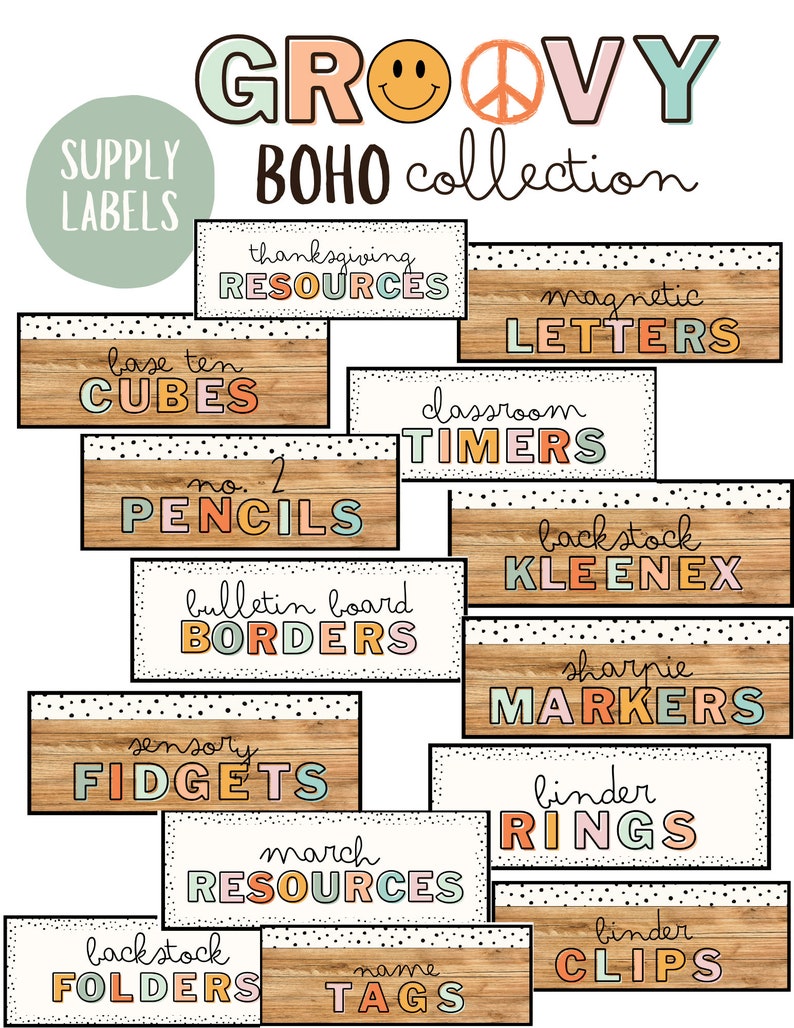 Groovy Boho Classroom Supply Labels - Etsy