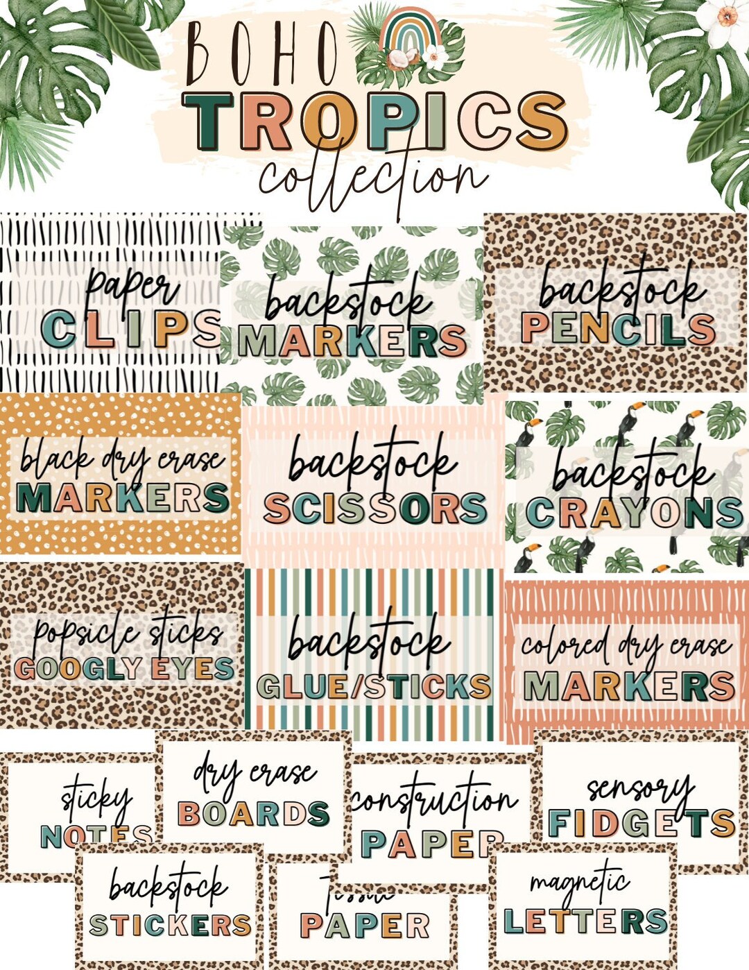 Boho Tropics Classroom Supply Labels - Etsy