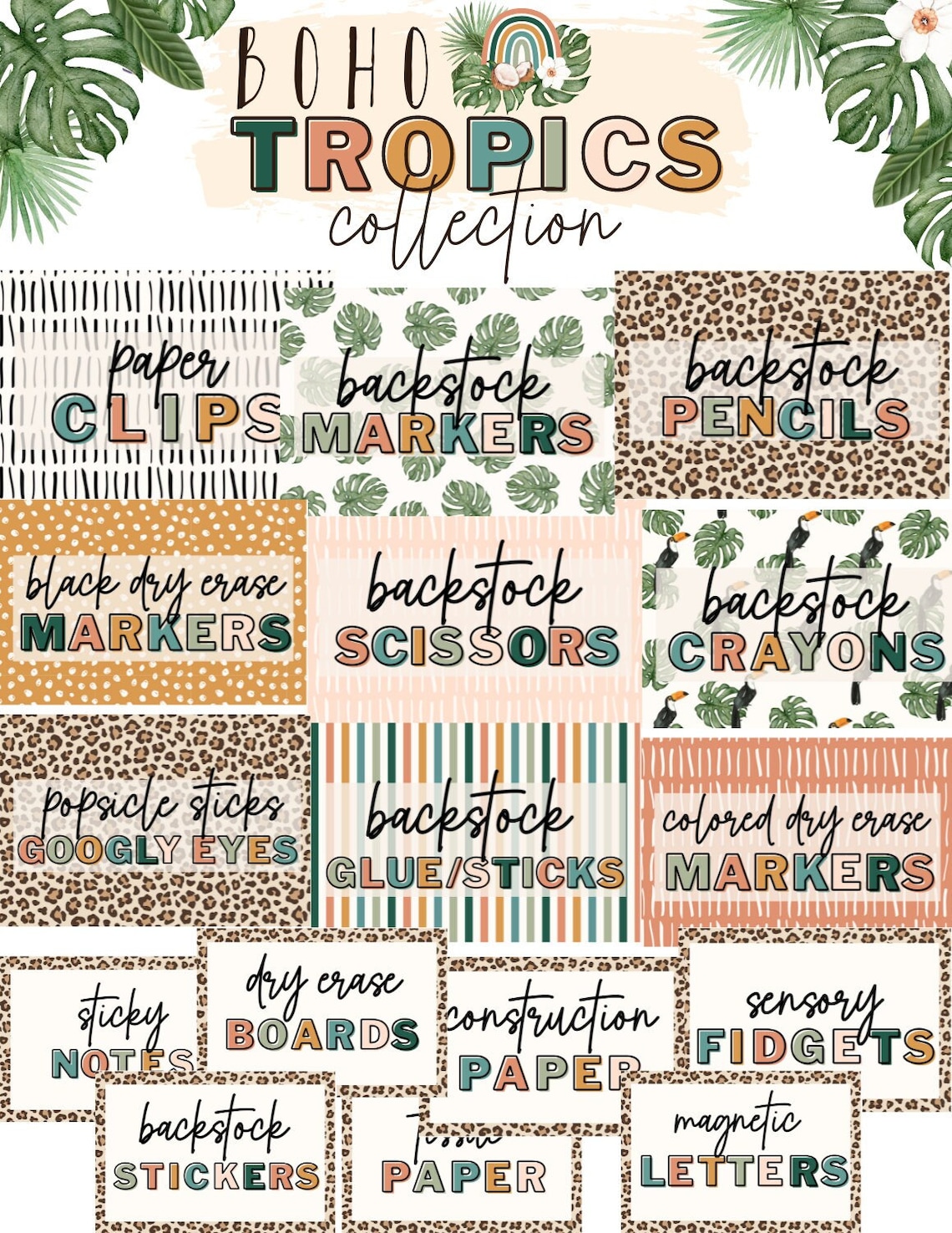 Boho Tropics Classroom Supply Labels - Etsy