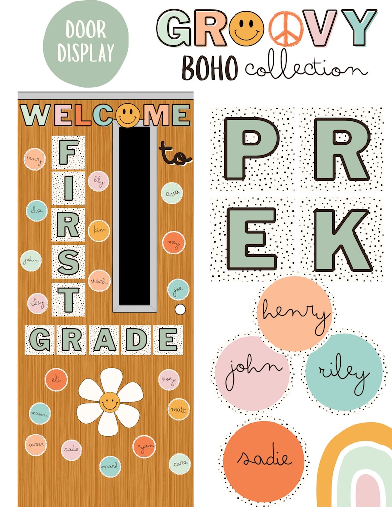 Groovy Boho Classroom Door Display editable Features - Etsy